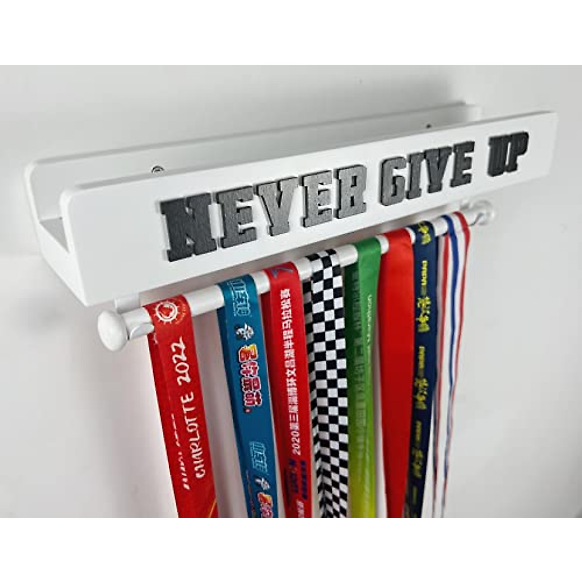 URBN BY MODERN HOME FINISHINGS 16 inch Wall Mounted Wood Floating Shelf Trophy and Lanyard Ribbon Medal Display Holder & Organizer Rack with Shelf and Hanging Rod