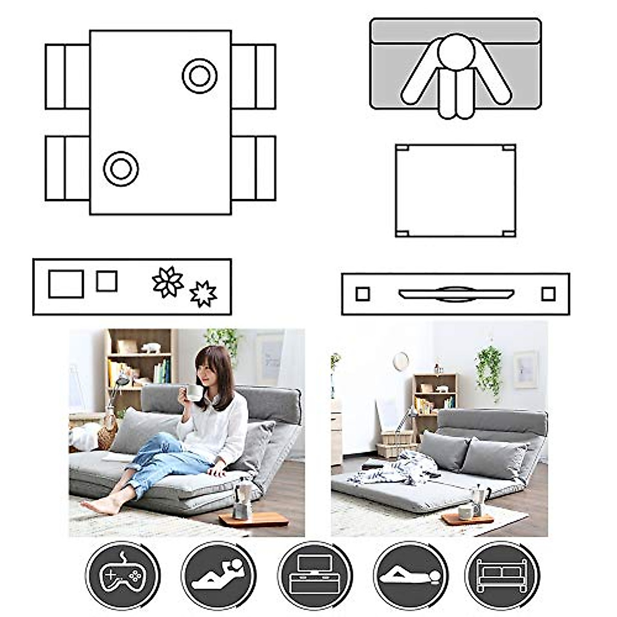 LTT Futon Sofa Bed, Sleeper Sofa, Suitable for Small Space Configuration Apartment Dormitory Floor Chair Sofa Bed Folding Lazy Sofa Floor Chair Sofa Recliner Bed