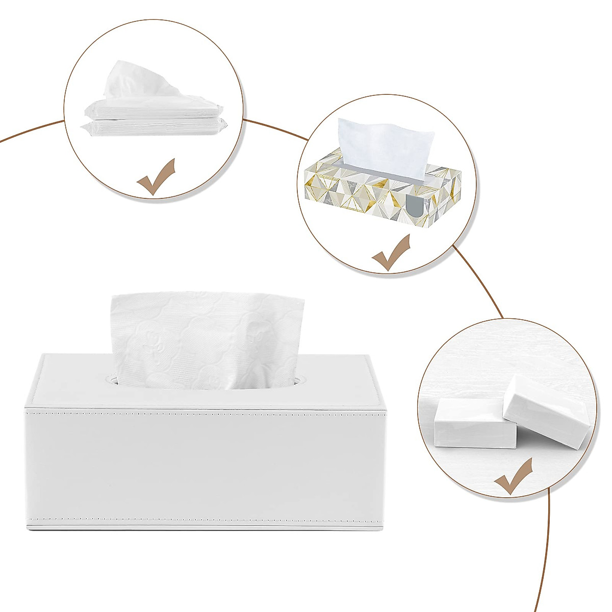 KINGFOM Rectangular PU Leather Tissue Box Cover - Facial Tissue Paper Napkin Holder for Bathroom, Home, Office, Car Automotive Decoration with Magnetic Bottom(White)