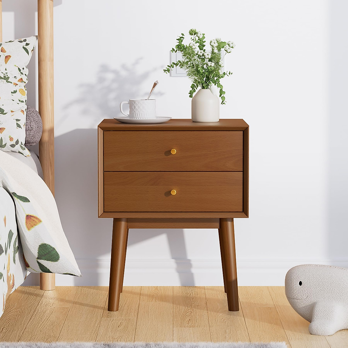 SANXIANHM Solid Wood Nightstand with 2-Drawers, Mid-Century Modern Night Stand,Small and Tall Bedside Table