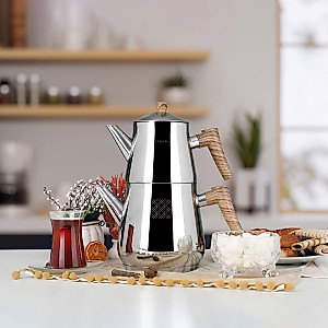 Serenk Stainless Steel Turkish Teapot Set, Stovetop Tea Maker with Induction Base, Non Slip Bakelite Handles, Dishwasher Safe, 2 Lids, 3 qt, 101 oz Black (Black)