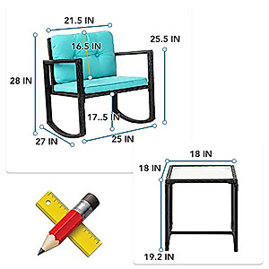 FDW Outdoor Conversation Sets Rattan Furniture Wicker Rocking Chairs with Blue Cushions and Glass Coffee Table for Balcony Poolside Garden Patio Porch Backyard