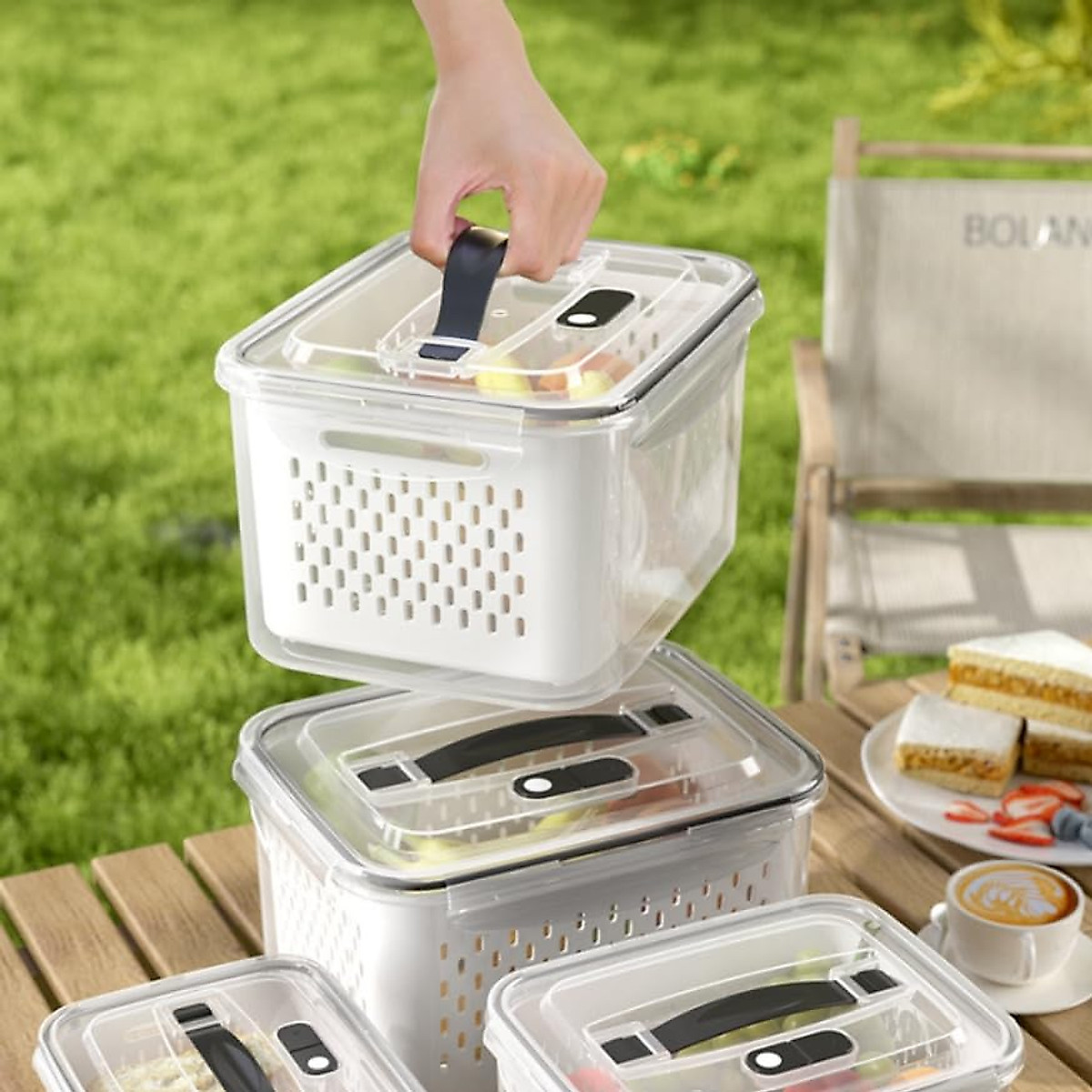 HOMEEE 4 Pack Large Airtight Fridge Food Organizer Containers, Fruit and Vegetable Storage Containers with lids, Portable Outdoor Picnics Food Storage with Removable Colanders(4.15L+3.15L+1.7L+0.8L)