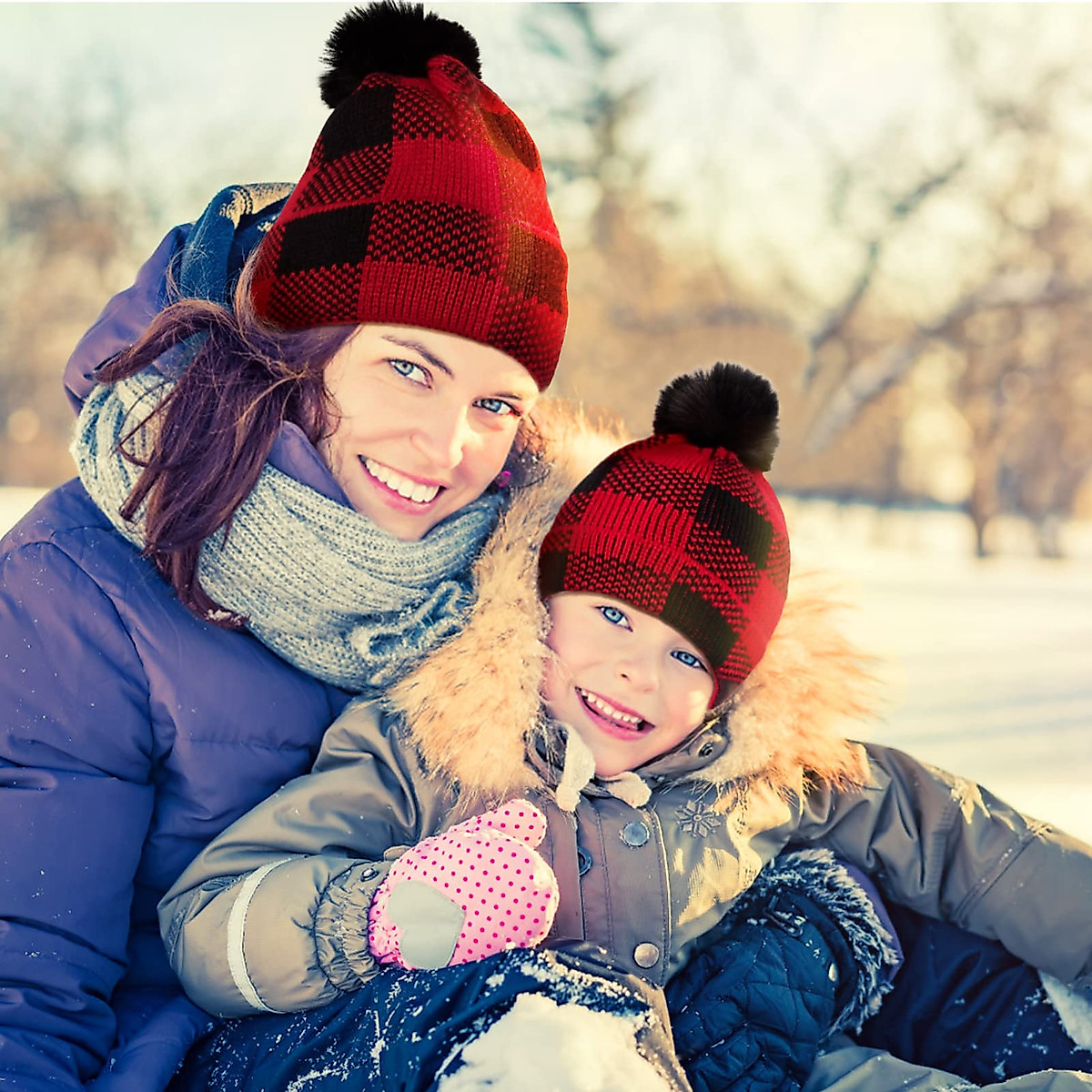 2 Pcs Parent-Child Hats with Pom Pom - Knitted Mom and Baby Matching Outfits Winter Warm Beanie Hats Soft Crochet Caps for Women Kids Christmas Red