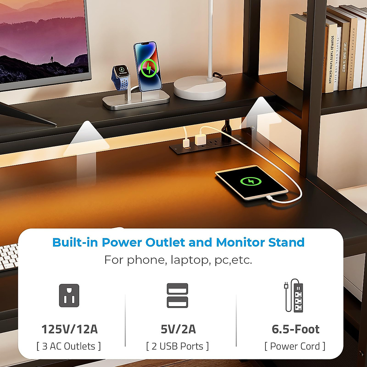 GreenForest Office Desk with Power Outlets and Printer Shelf, 59 inch Computer Desk with LED and Drawer, Reversible Gaming Desk with Storage for Home Study Working,Black
