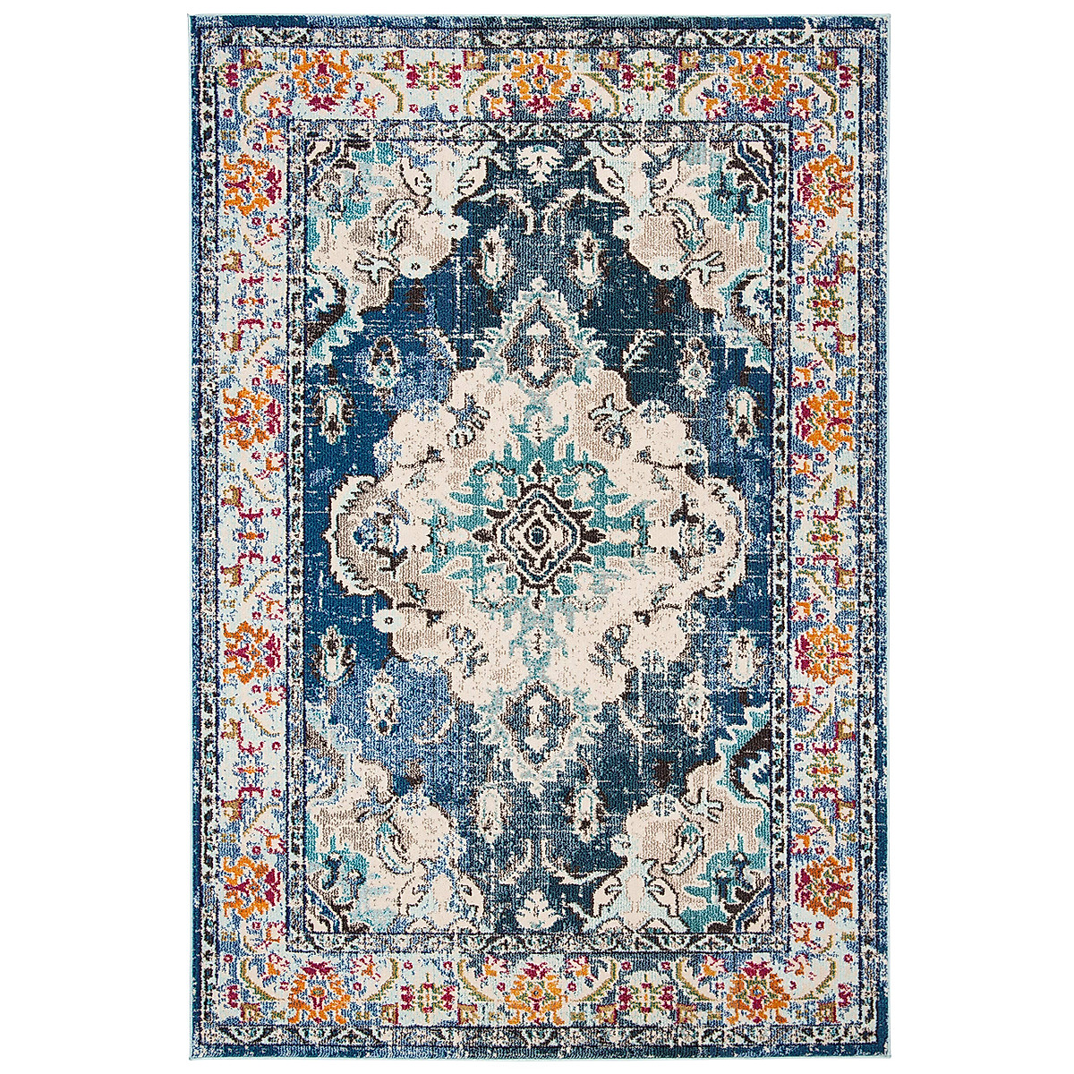 SAFAVIEH Monaco Collection Area Rug - 5'1" x 7'7", Navy & Light Blue, Boho Chic Medallion Distressed Design, Non-Shedding & Easy Care, Ideal for High Traffic Areas in Living Room, Bedroom (MNC243N)