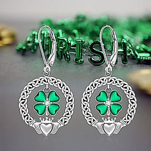 St Patricks Day Shamrock Earrings for Women Sterling Silver Four Leaf Clover Earrings Celtic Claddagh Irish Shamrock Dangle Green Lucky Jewelry Valentine Gifts