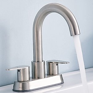 Comllen 4 inch Brushed Nickel 2-Handle Bathroom Faucet, Modern Camper Two Handle Centerset Vanity Faucet Bathroom Sink Faucet 3 Hole for Bathroom Sink Lavatory RV Faucets