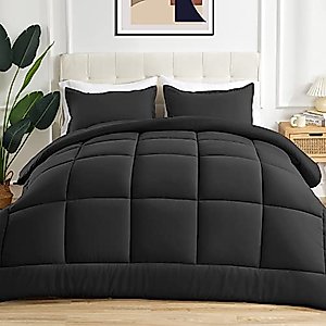 Sonive All Season Comforter Soft Fluffy Breathable Microfiber 200gsm Down Alternative Bedding Duvet Insert with 8 Corner Tabs Easy Care (Black, Queen)