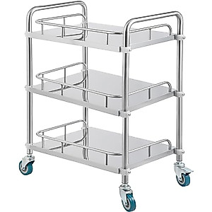 VEVOR Lab Rolling Cart, 3-Shelf Stainless Steel Rolling Cart, Lab Serving Cart with Swivel Casters, Dental Utility Cart for Clinic, Lab, Hospital, Salon, 26.38"x15.55"x34.13"