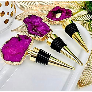 LUXE CRYSTAL CO. Handcrafted Purple Magenta Pink Agate Druzy Gold Natural Crystal Wine Champagne Stopper Handmade Bottle Barware Housewarming Bridal Shower (Pink)