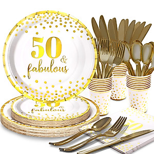 Gudvilla 50th Birthday Decorations for Men Women, 168Pcs 50th Birthday Plates and Napkins Party Supplies, 50 and Fabulous Birthday Plates with Gold Dot Serve 24 Guests, 50th Anniversary Decorations