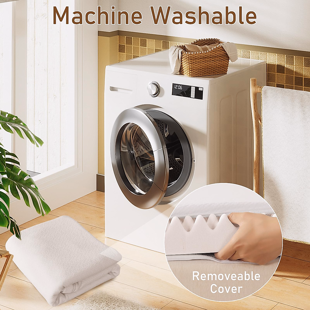 WhatsBedding 3 Inch Memory Foam Mattress Topper Queen Size with Soft Cover, Memory Foam Bed Topper with Removable & Washable Cover Rayon from Bamboo for Back Pain (80x60x3in)