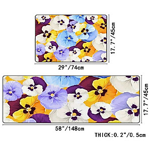 Kitchen Rugs and Mats Set of 2 Pieces Anti Fatigue Standing Mat Colorful Pansy Flowers Non Slip Washable Comfort Flooring Carpet Runner for Kitchen Home