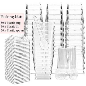 TOFLEN 50 Pack 5 oz Dessert Cups with Lids and Spoons, Mini Clear Square Plastic Dessert Cake Shooter Cups for Party, Yogurt Parfait, Appetizers, Fruits and Puddings