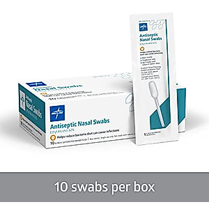 Medline Antiseptic Nasal Swabs, Reduces 99.99% of Bacteria, Presaturated, 62% Ethyl Alcohol, Pleasant Kiwi Scent, Individually Wrapped, 10 Count