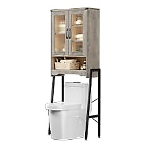 Over The Toilet Storage Cabinet with Tempered Glass Doors & Adjustable Shelf, Bathroom Organizer with Metal Stand Space Saver Over Toilet , Modern Toilet Rack for Bathroom, Restroom, Laundry, Grey