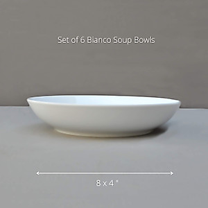 Euro Ceramica Bianco Service for 6 Dinnerware High Gloss Fine Porcelain White Essential, 8" x 4" Soup/Pasta Bowl Set 20oz Capacity for Soup Pasta Rice Cereal