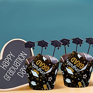 Nuenen 200 Pcs Graduation Tulip Cupcake Liners 2024 Congrats Grad Paper Baking Cups Greaseproof Muffin Liners Holders Graduation Cap Cup Cake Paper Cup Tulip Cupcake Wrappers for Party(Black, Gold)