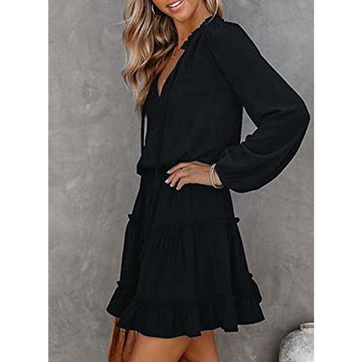 Happy Sailed Western Dresses for Women 2024 Sexy V Neck Long Sleeve Ruffle Layered Self Tie Swing Mini Dresses Black Small