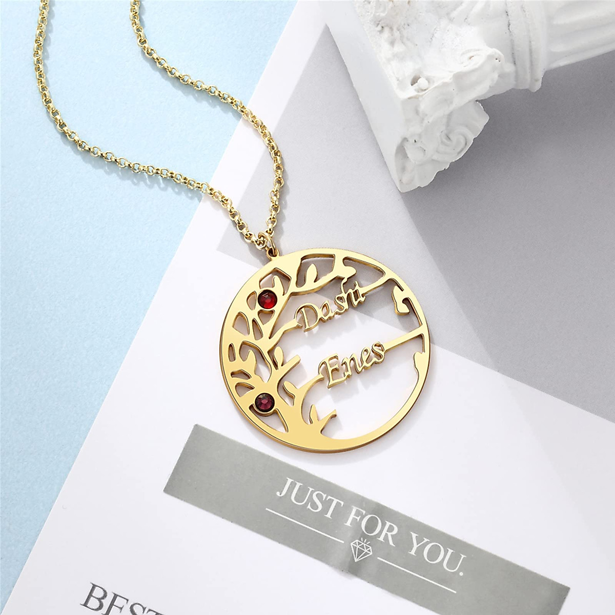 MRENITE 10k 14k 18k Solid Yellow Gold Personalized Name Family Tree Necklace with Birthstone –Dainty Nameplate Tree of Life Birthstone Pendant- Custom Any Name Gift for Womens Adults Mens (2 names)