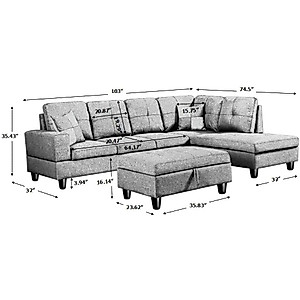 GINGVAT Black Faux Leather Sectional Sofa Living Room Furniture Set, L-Shape Couch with Right Chaise, Storage Ottoman, and 2 Pillows