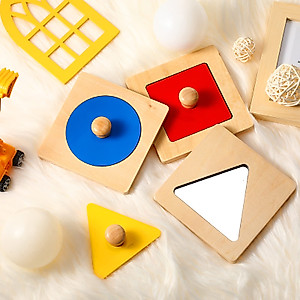Civaner Montessori Mirror Puzzle Baby Peekaboo Knob Puzzles Colorful Baby Mirror Toy Wooden Geometric Shape Puzzle Sensorial Toys Birthday Gifts for Toddler Preschool