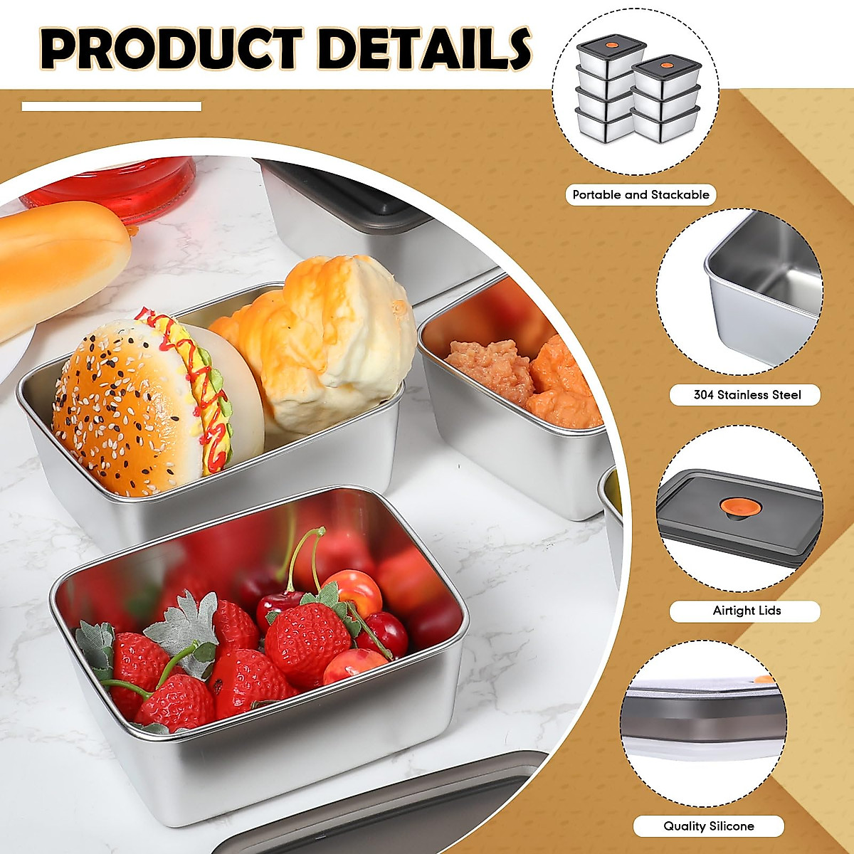 Layhit 10 Set 304 Stainless Steel Food Containers with Lids 20 oz Metal Marinating Snack Containers Box for Lunch, Leftovers, Dishwasher & Freezer Safe