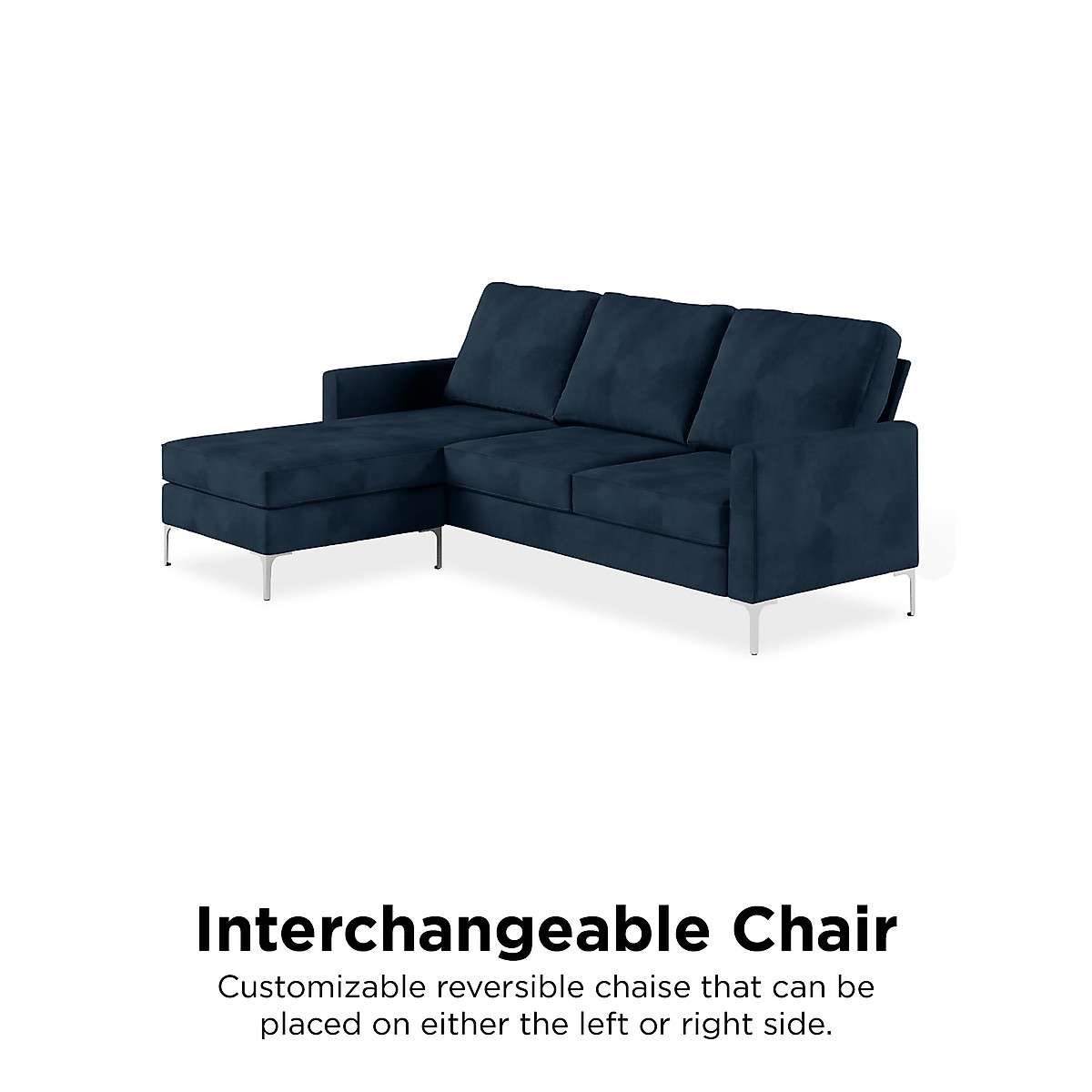 Novogratz Chapman Sectional Sofa with Chrome Legs, Black Velvet Couch