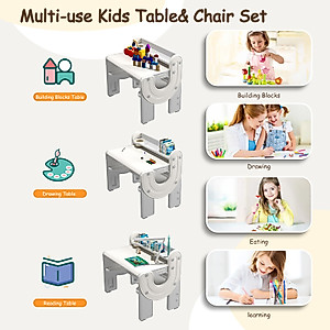 hoopyosms Kids Drawing Table and Chair Set with Erasable Tabletop & Watercolor Pens Toddler Furniture with Storage Shelf for Art, Reading & Play for Boys & Girls, Grey