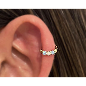 Handmade Gold Single 10MM Cartilgae Helix Piercing Hoop Earring with Trio Blue&White Opal, Gold Plated over Sterling Silver Very Small Thin 22Gauge Hoop for women, By Miya Jewelry Creations