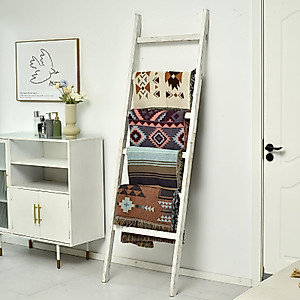 FUIN 6.4ft Extra Wide Wooden Blanket Ladder Living Room Decorative Wal Leaning Farmhouse Quilt Display Holder Rustic Wood Towel Rack for Bathroom, White, 24 inch Wide