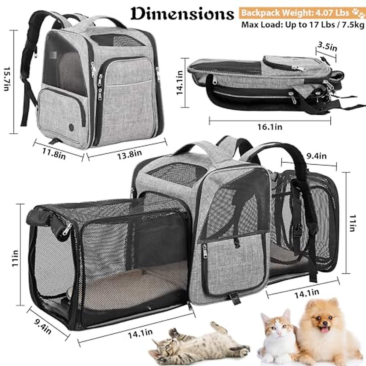 Cat Backpack Carrier, WHDPETS 2 Sides Expandable Pet Backpack for Cats Dogs fit Up to 20 lbs, Breathable Cat Carrier with Inner Safety Leash, Grey