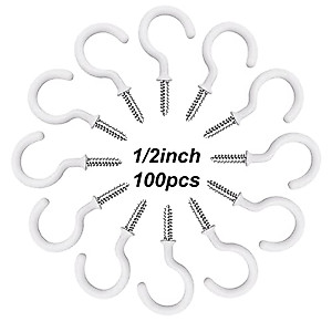 smseace 100pcs 1/2Inch White Ceiling Hooks Vinyl Coated Screw-in Hooks for Decorating Christmas Lights Hanger Hooks Outdoor Wire and Fairy LightsD-007-1/2