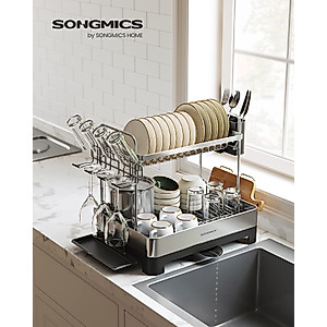 SONGMICS Dish Drying Rack - 2 Tier Dish Rack for Kitchen Counter with Rotatable and Extendable Drain Spout, Dish Drainer with Utensil, Cup, Glass, Cutting Board Holders, Black UKCS032B01