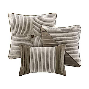 Madison Park Cozy Comforter Set Casual Blocks Design All Season, Matching Bed Skirt, Decorative Pillows, King (104 in x 92 in), Dallas Taupe/Brown, 7 Piece