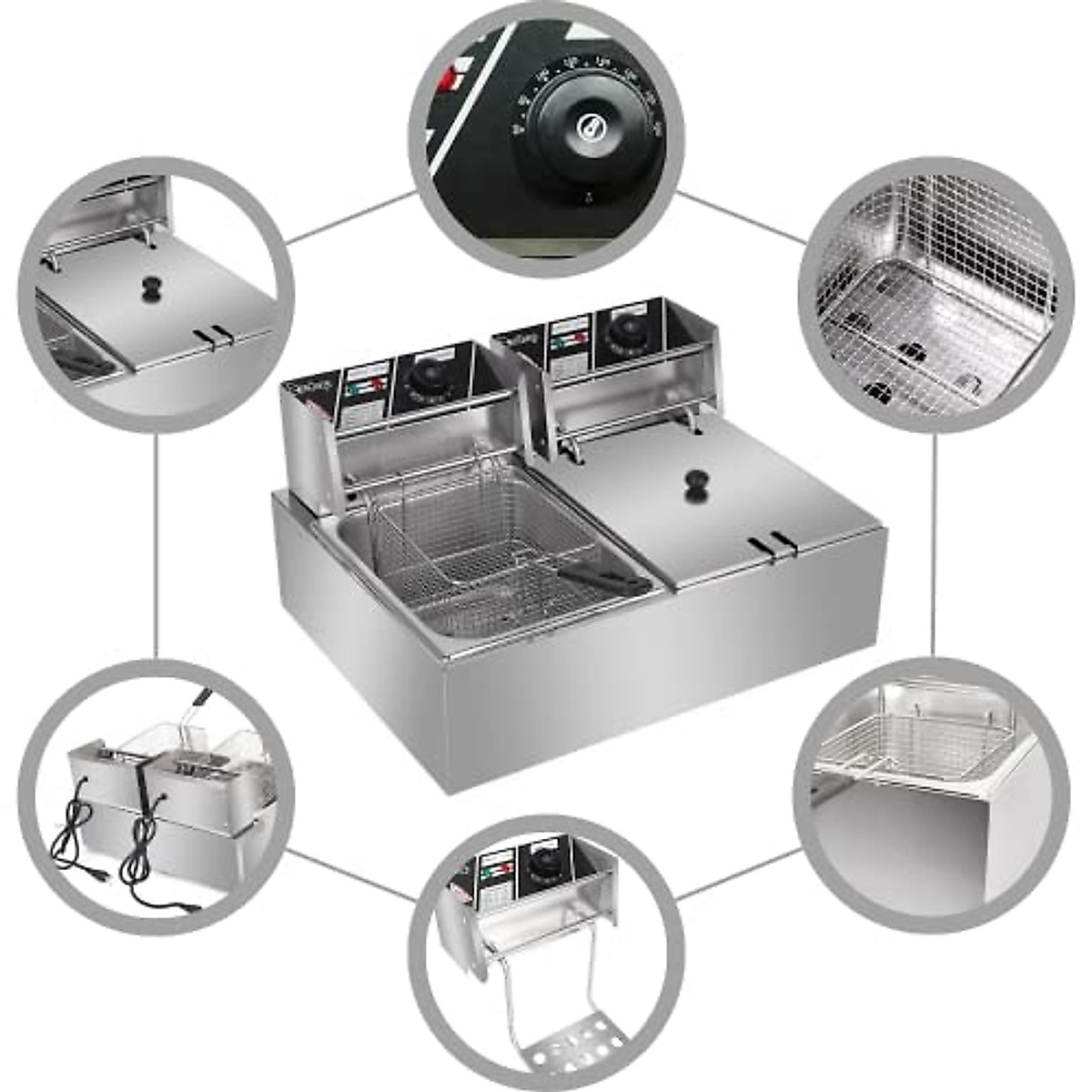 Winado 12.7QT Capacity Electric Deep Fryer with Baskets & Lids, 12L Countertop Stainless Steel Dual Tank Temperature Control Frying Machine, for Home & Commercial 5000W 60Hz 110V