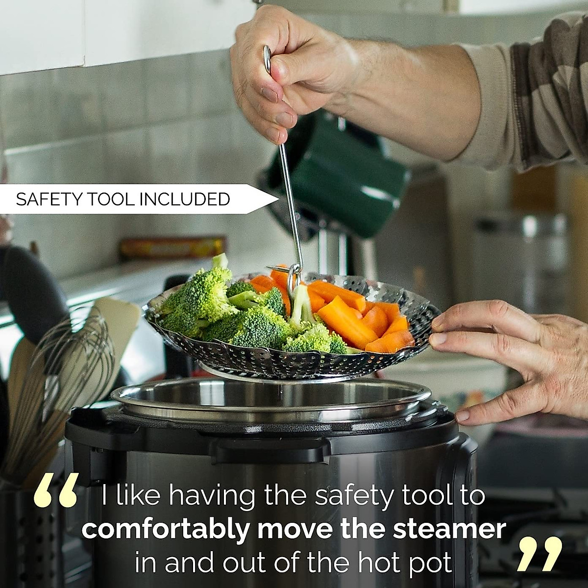 Kitchen Deluxe Vegetable Steamer Basket - Fits Instant Pot Pressure Cooker 3, 5, 6 Qt & 8 Quart - 100% Stainless Steel - Accessories Include Safety Tool + Julienne Peeler + eBook - For Instapot