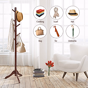 GOFLAME Coat Rack Freestanding, Wooden Entryway Coat Tree Hanger with 8 Hooks and 4 Sections, Height Adjustable Coat Stand for Home Office Hallway Entryway (Brown)