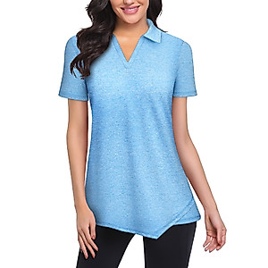 Viracy Golf Shirts for Women, Collared Polo Shirt Short Sleeve V Neck Yoga Running Tops Irregular Hem Moisture Wicking Tennis Apparel,Blue-XL