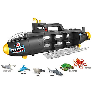 Boat Submarine Toy Shark Car Vehicle Toy W/ 6 Sea Animals and Storage Toys for 3, 4, 5, 6 7 Year Old Kids Boys Girls