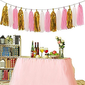 Glittery Paper Pennant Banner Triangle Flags Bunting 8.5 Feet and Tissue Paper Tassels Garland 15 pcs for Birthday Party, Wedding, Bridal Shower Decorations, Glittery Gold+Pink+White