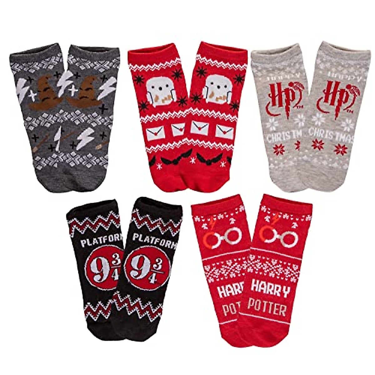 Harry Potter Platform 9 ¾ Sorting Hat Hedwig Holiday Theme Unisex 5-Pack Low Cut Ankle Socks