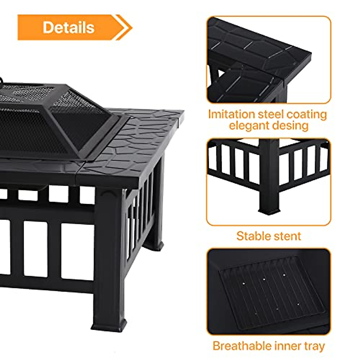 Hkeli 32 inches Fire Pit Square Metal Fire Pit Firepit Outdoor Multifunctional Fire Pit Table Wood Burning Fireplace with Spark Screen & Safety Poker for Patio Backyard Garden, black