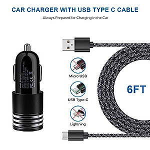 Type C Charger Fast Charger for Samsung Galaxy S23 S22 S21 S20 A53 A13 A12 A32 A52 A51,LG Stylo 6 5,Moto G Pure/G Power/G Stylus/G Play,Quick Charge 3.0 Car Charger Wall Adapter +3FT 6FT USB C Cable