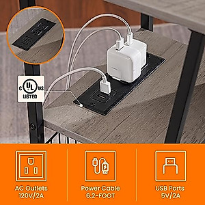 Heybly Side Table C Shaped Nightstand End Sofa Table with Charging Station, Phone Holder, 2 USB Ports and Power Outlets, Snack Couch Tables for Small Spaces, Greige and Black HET001CSG1