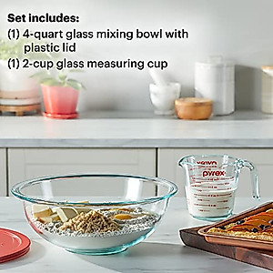 Pyrex Smart Essentials 3-Piece Glass Prep Set, 4-QT Glass Mixing Bowl with lid and 2-Cup Measuring Cup, Dishwasher, Microwave and Freezer Safe, Essential Kitchen Tools