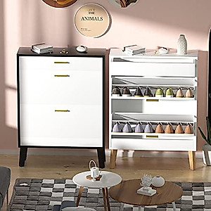 Visionwards Shoe Cabinet, Free Standing Shoe Storage Cabinet, Tipping Bucket Shoe Cabinets with 2 Flip Drawers, Hidden Narrow Shoe Rack Cabinet Storage Organizer for Entryway, Black