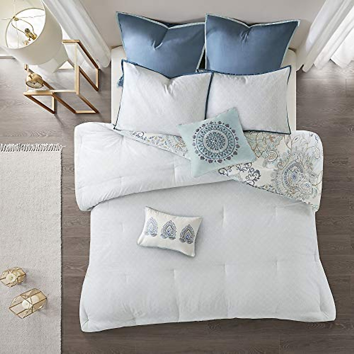 Madison Park Season Set, Matching Bed Skirt, Decorative-Pillows, Queen(90"x90"), Isla, Floral Medallion Blue 8 Piece