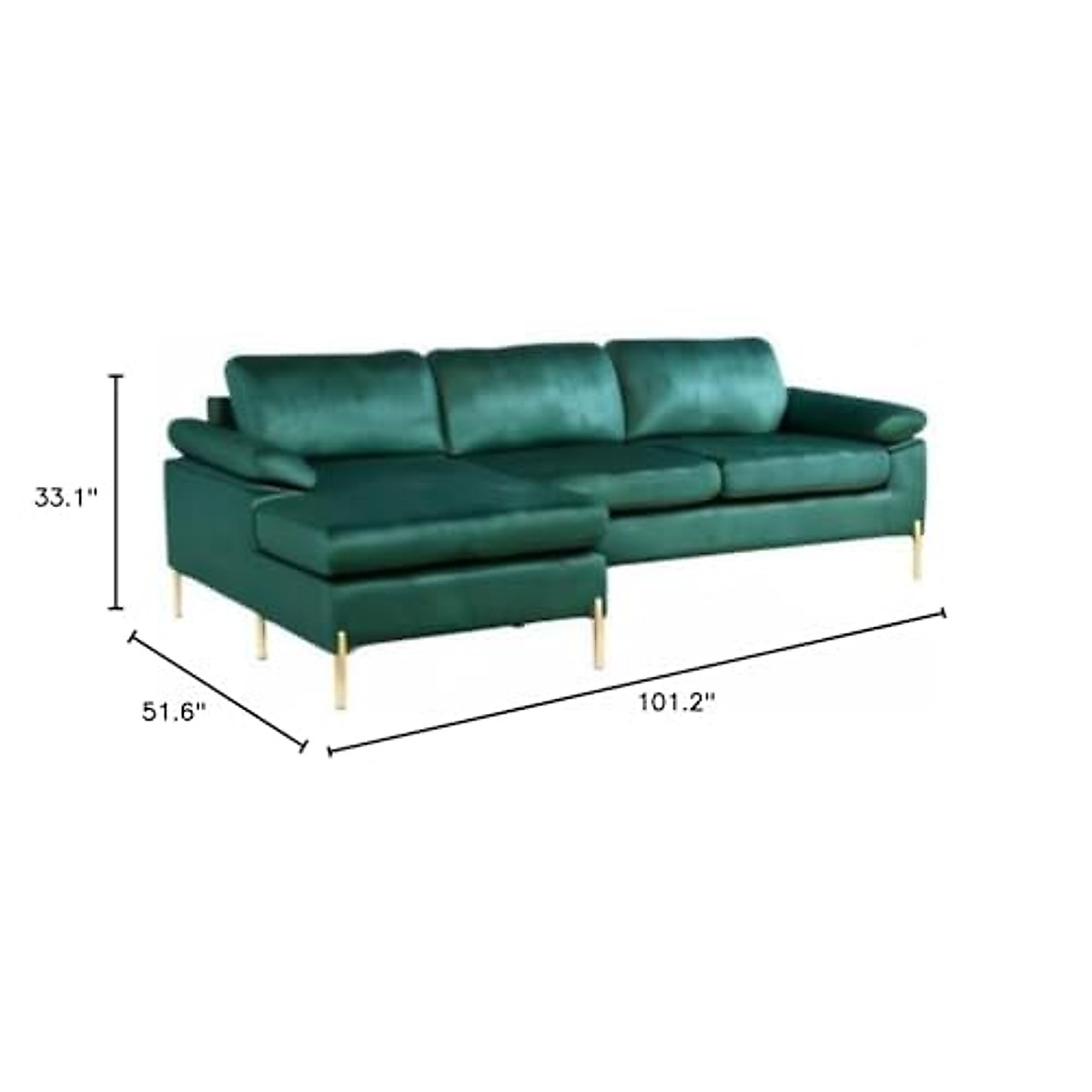 Devion Furniture 101" W Modern Design Velvet Sectional Sofa with Spacious Chaise, Cushioned Arms & Metal Legs in Green & Gold Finish